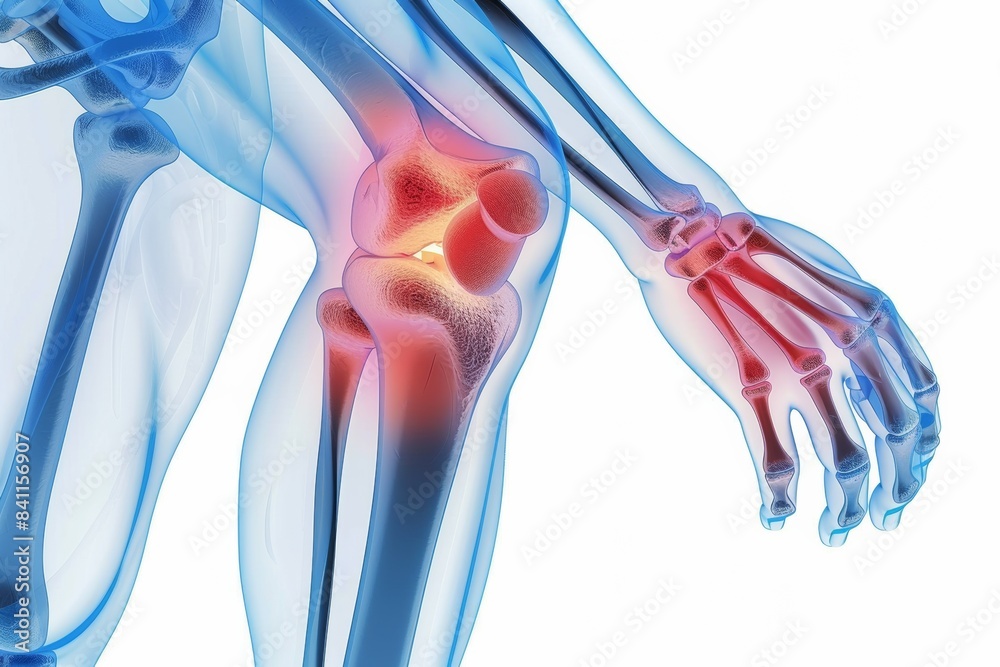 3D illustration of human joint pain, showing inflamed knee and wrist ...