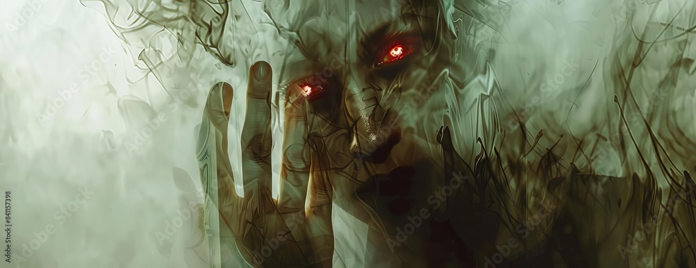 Eye-level angle, horror theme, anonymous woman behind matte glass ...
