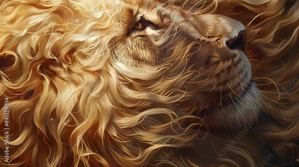 Illustrate a close-up of a lion's mane with intricate details of the ...
