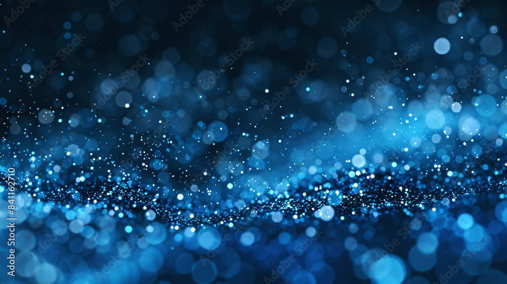 Abstract blue glowing particles background with white light and black ...