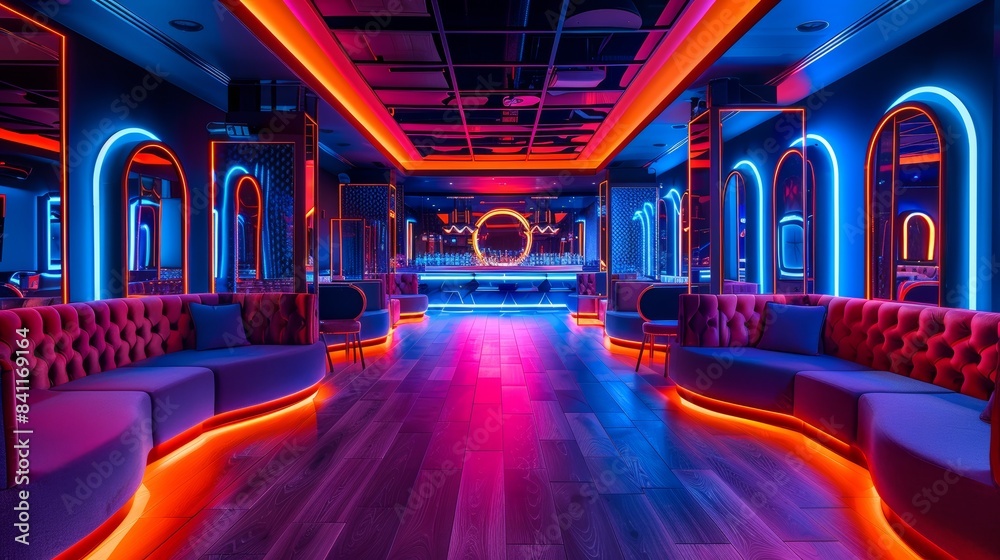 A modern nightclub with a futuristic design, illuminated dance floor ...