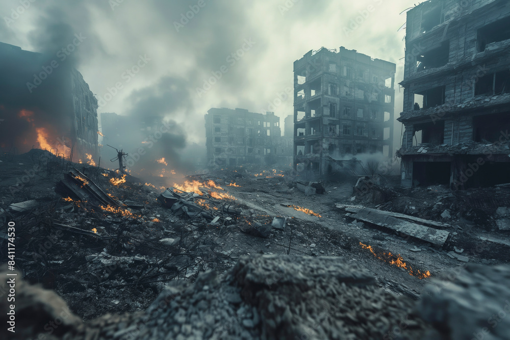Post-apocalyptic abandoned city. Destroyed buildings, burning rubble ...