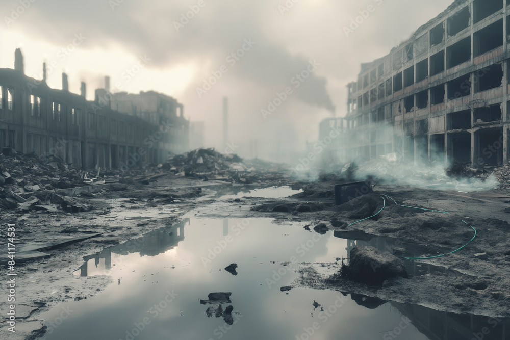 Post-apocalyptic abandoned city. Destroyed buildings, burning rubble ...