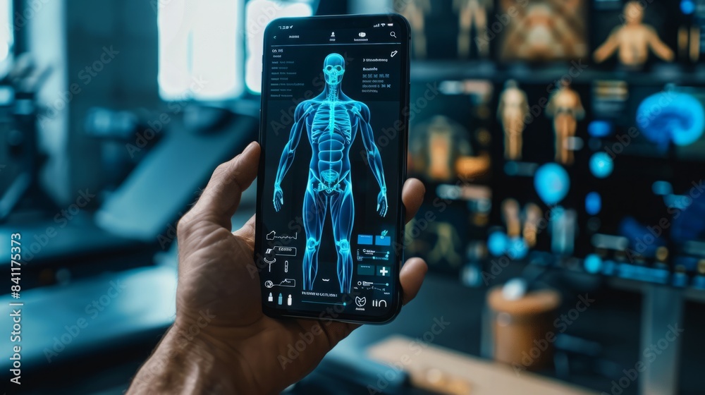 A hand holds a smartphone displaying a digital anatomy diagram of a ...