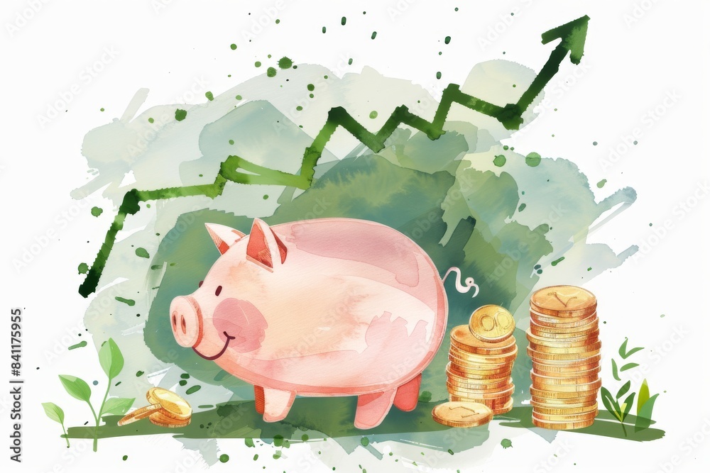 Piggy bank, coins inside, Growth word, upward green graph, flat design ...