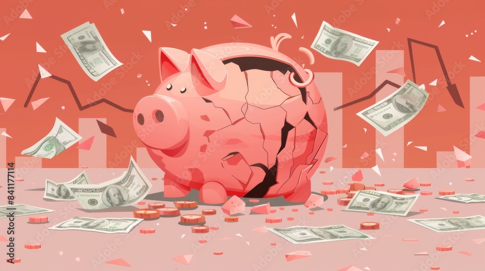 Broken piggy bank pieces, torn banknotes around, red downward financial ...