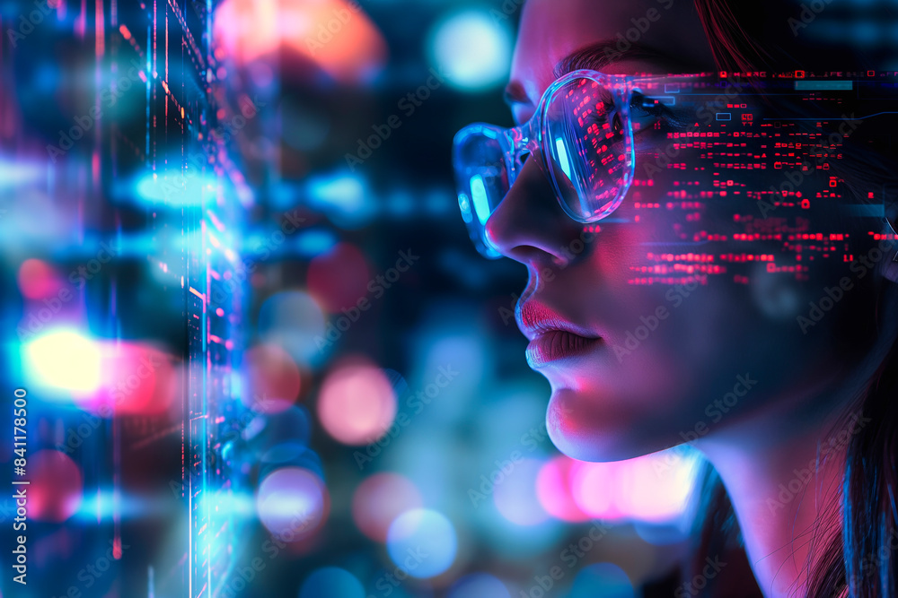 Software, coding hologram and woman on tablet thinking of data analytics, digital technology and ...