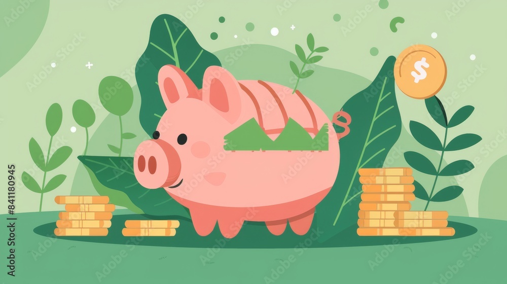 Pink piggy bank filled with coins, growth graph in green, flat design ...