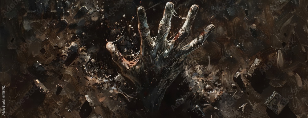 Top-down perspective of one zombie hand, breaking through the graveyard ...