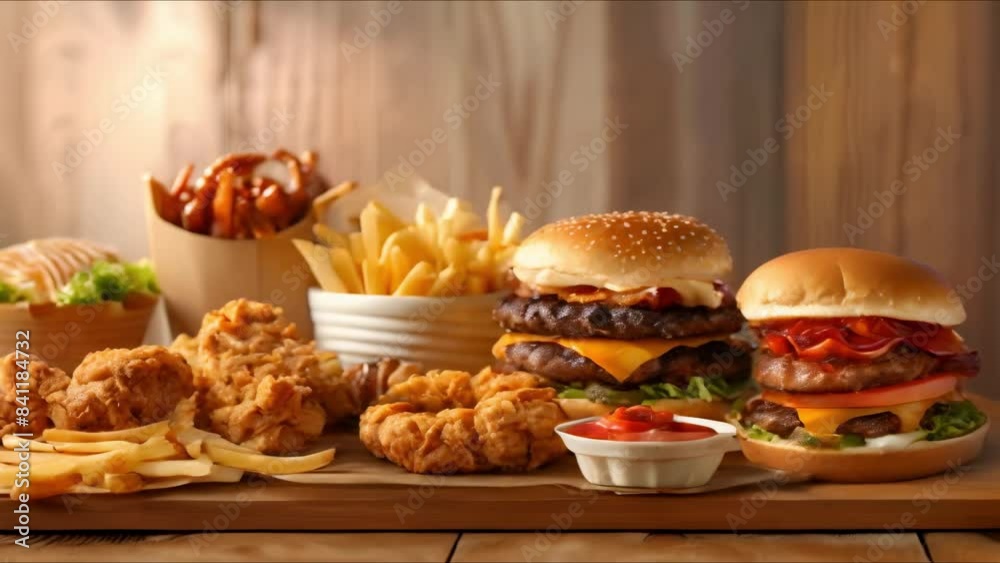 Different Types of Fast Food Items such as Burgers, Fried Chicken, and ...