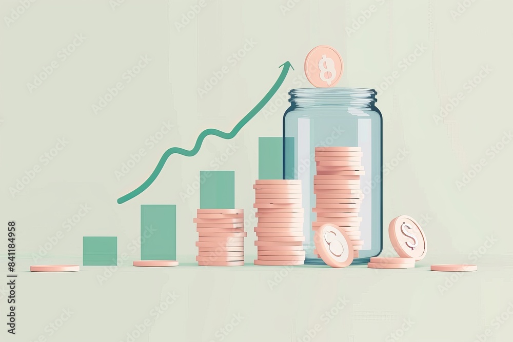 Savings bank, coins, upward green graph, flat design, side view ...