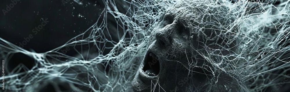 Wide-angle view, sinister figure with an unsettling scream, enshrouded ...