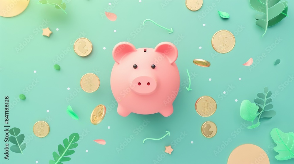 Pink piggy bank filled with coins, growth graph in green, flat design ...