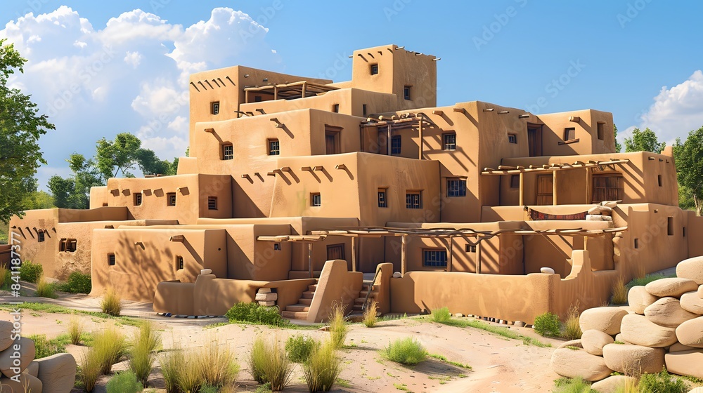 Pueblo-style adobe house, reflecting the traditional architecture of ...