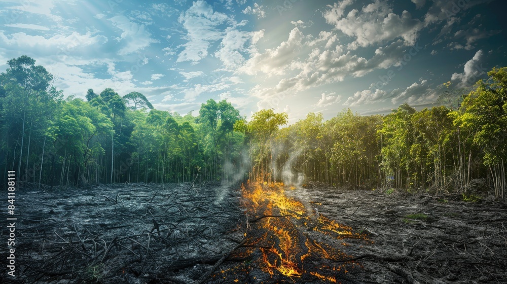 Lush, green forest transitioning to a burnt, deforested area with clear ...