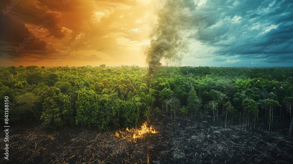 Lush, green forest transitioning to a burnt, deforested area with clear ...