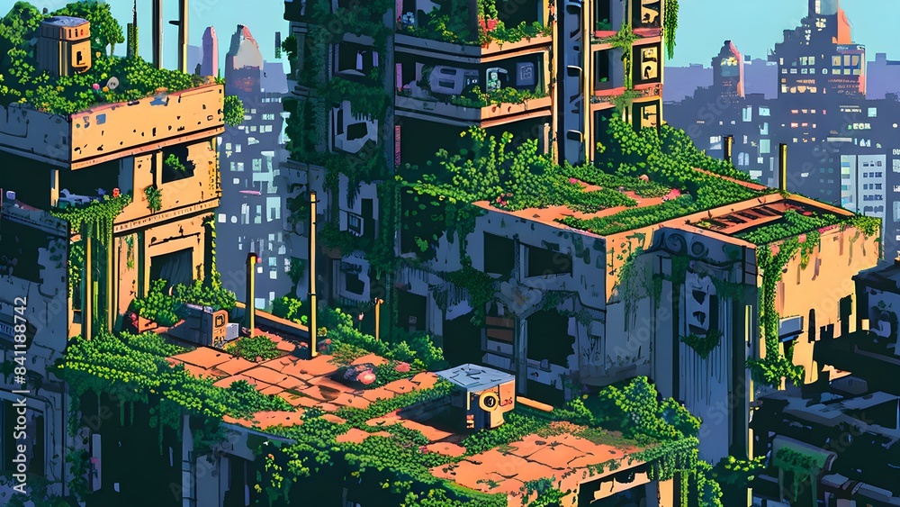 pixel art landscape showcasing post apocalyptic world with ruined city ...
