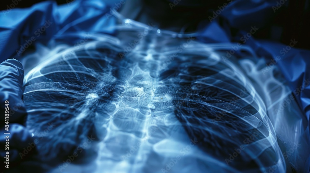 X-ray image of a person's chest, displaying the ribcage and lungs ...