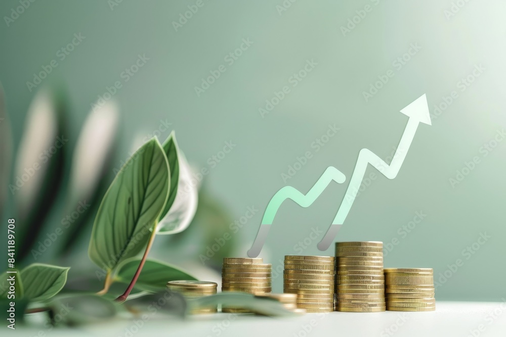 Savings bank, coins, upward green graph, flat design, side view ...
