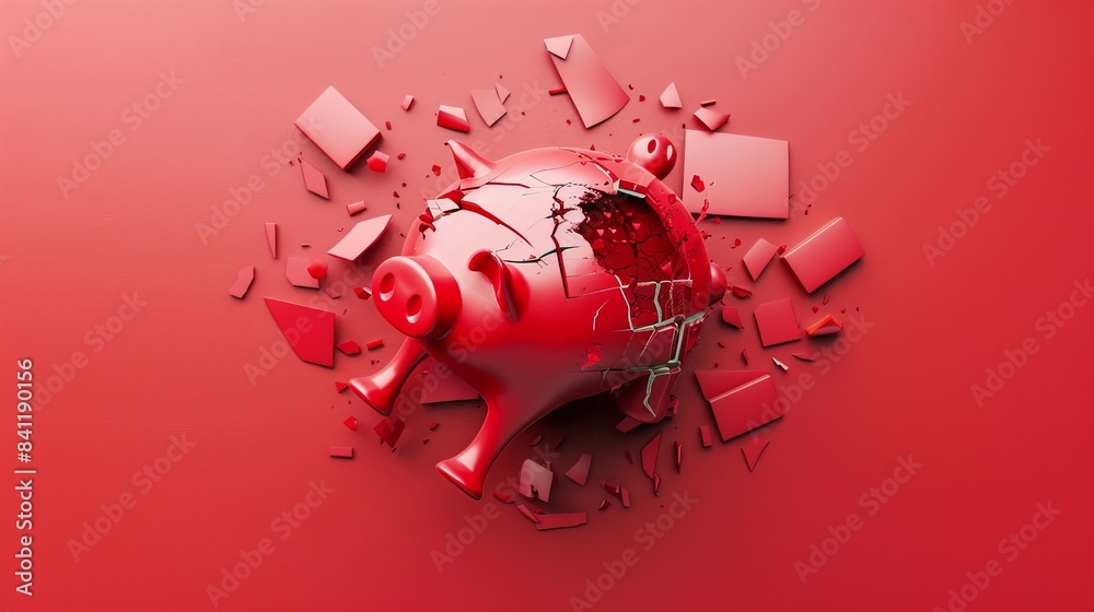 Cracked piggy bank, torn banknotes, downward red graph, flat design ...