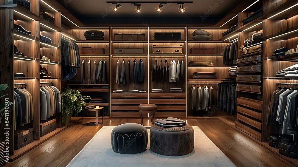 Modern dark wooden walk in wardrobe with clothes hanging on rail, 3d ...