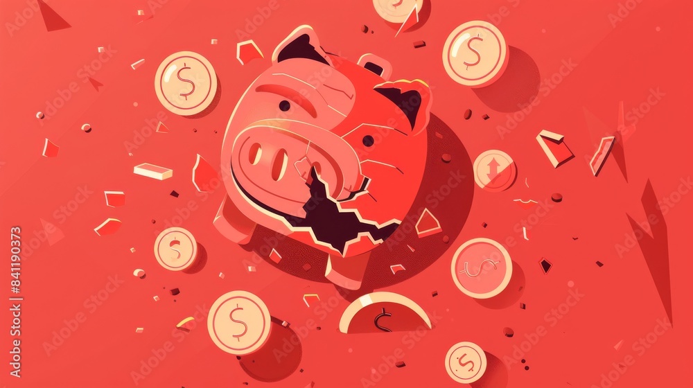 Cracked piggy bank, scattered coins, red graph declining, flat design ...