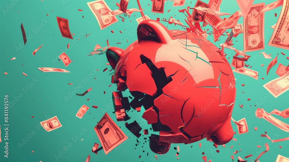Cracked piggy bank, torn banknotes scattered, falling red financial ...