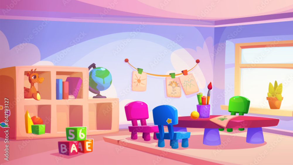 Nursery school room interior. Vector cartoon illustration of ...