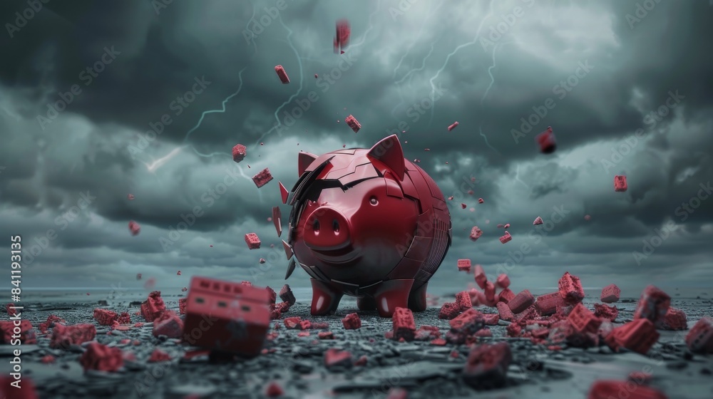 Shattered piggy bank, dark cloudy sky, red falling financial graph ...