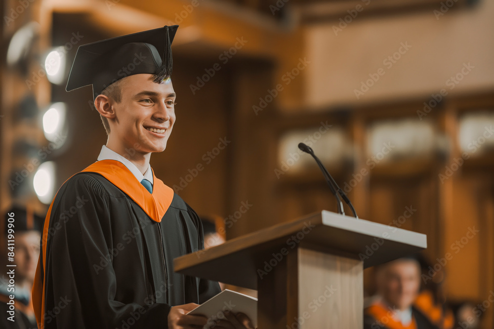 Valedictorian young student man giving graduation speech to other ...