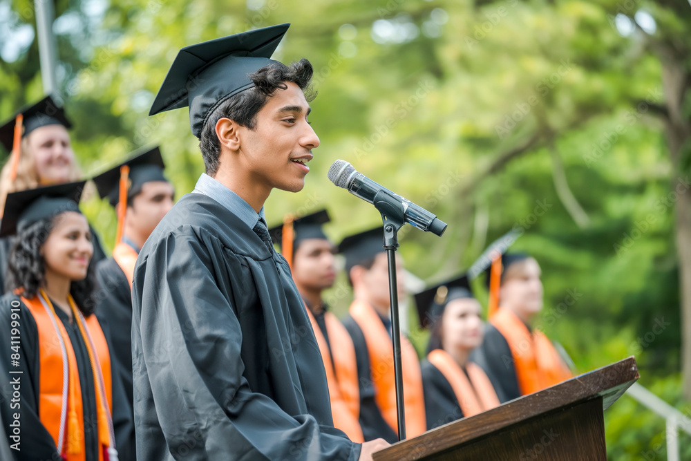 Valedictorian young student man giving graduation speech to other ...