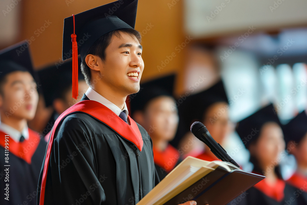 Valedictorian young student man giving graduation speech to other ...