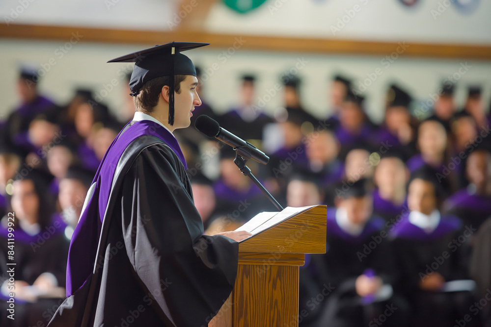 Valedictorian young student man giving graduation speech to other ...