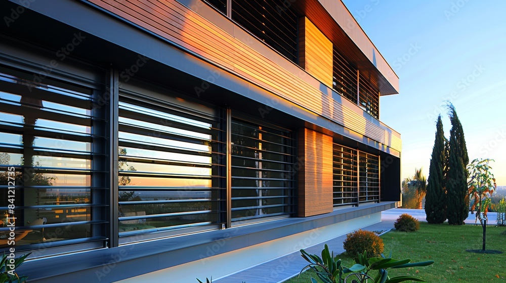 Showcasing a stylish modern home exterior featuring horizontal louvers ...