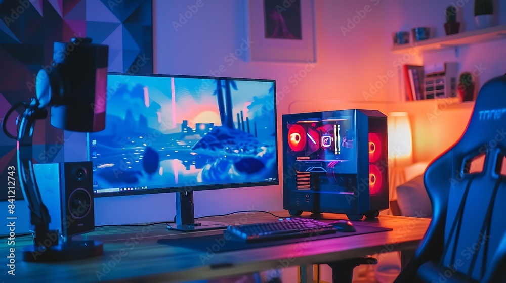 Minimalist Clean Gaming Setup with Wooden Desk and Focal Point on Clean ...