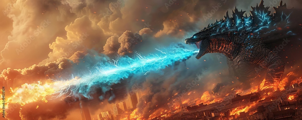 A full body shot of Godzilla breathing blue fire on burning ruins, in ...