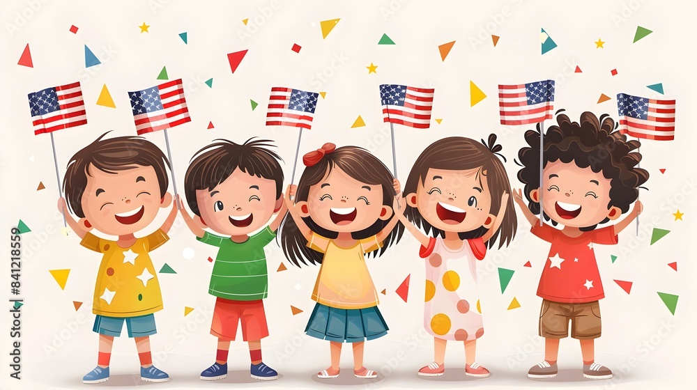 Diverse group of happy children from different backgrounds waving ...