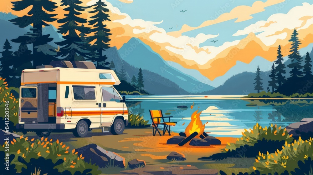 Illustrate a camper van parked beside a beautiful lake with a campfire ...
