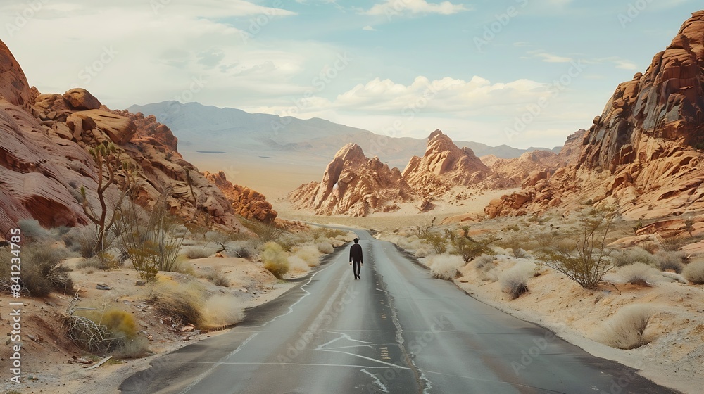 Man standing on endless winding empty Mouse tank road in Valley of Fire ...