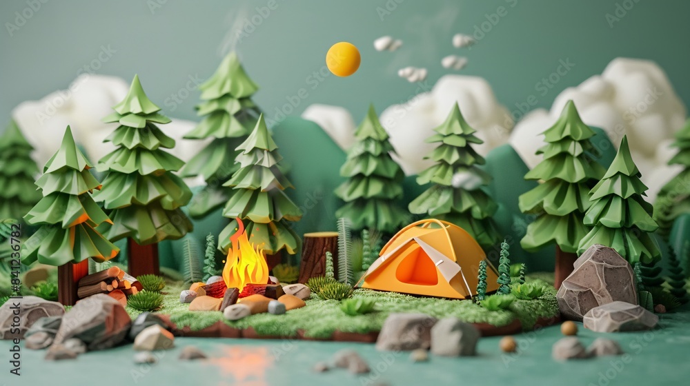 Miniature camping scene with tent, campfire, trees, and rocks under a ...