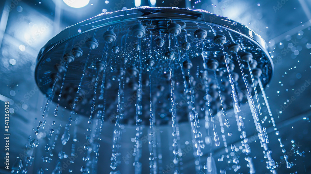 Hyper-realistic closeup, chrome showerhead, emitting fine mist ...