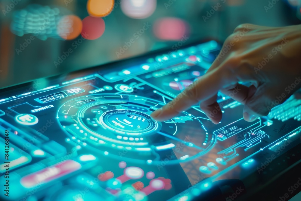 A close-up of a person's hand using a futuristic touchscreen interface ...