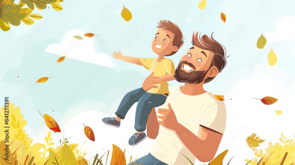 Portrait of happy father riding behind son and looking up, Vector ...