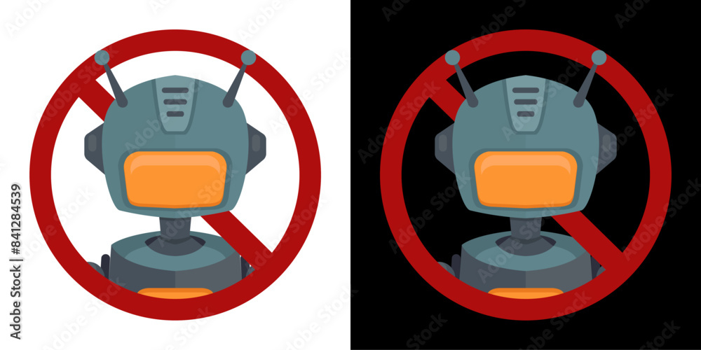 Set of vector cartoon robots in prohibition sign on white and black ...