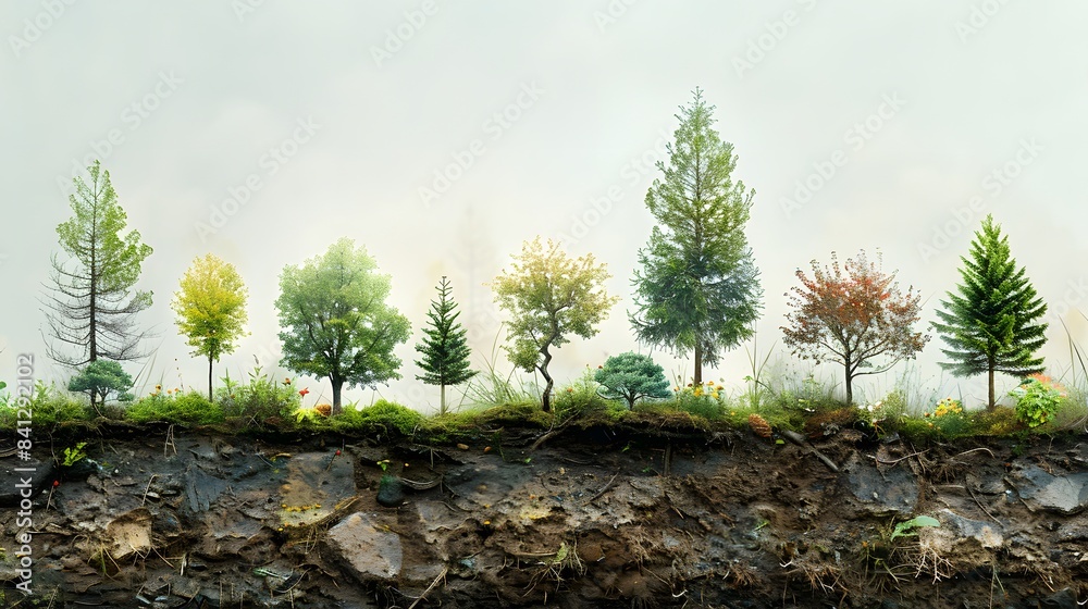 A landscape transformation over time, showing the growth of trees from ...