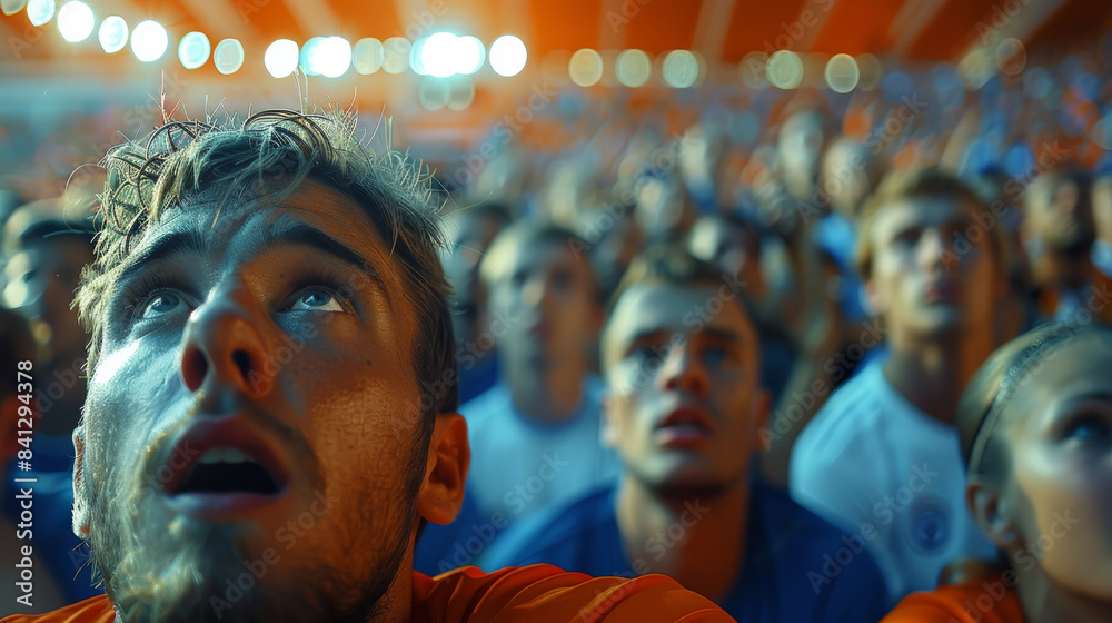 Fans their face is full of anticipation and stressed sitting and ...