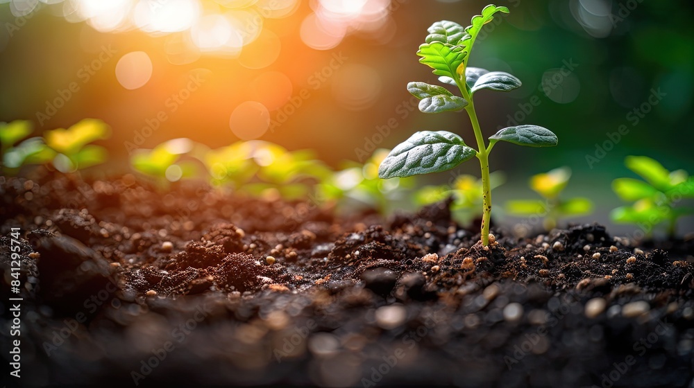 Farmer planting a small tree in spring, sprout growing from the soil ...