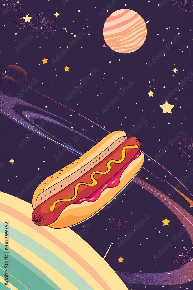 hotdog in space galaxy, with planet and stars, vector illustration ...