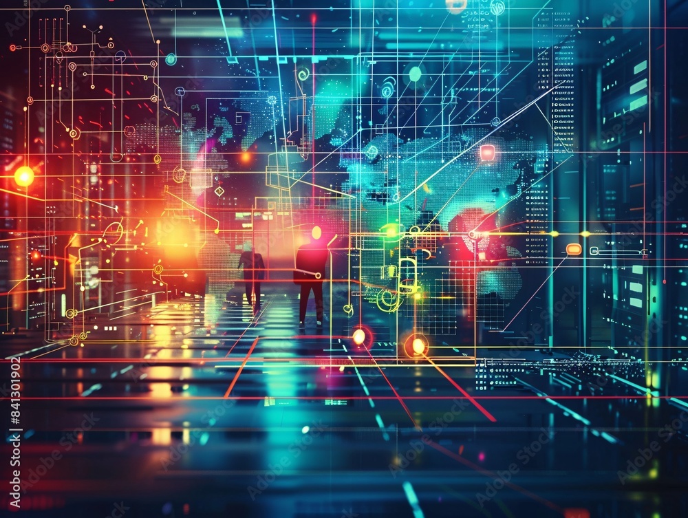 Modern office interior featuring neon cyberpunk design, IT elements ...