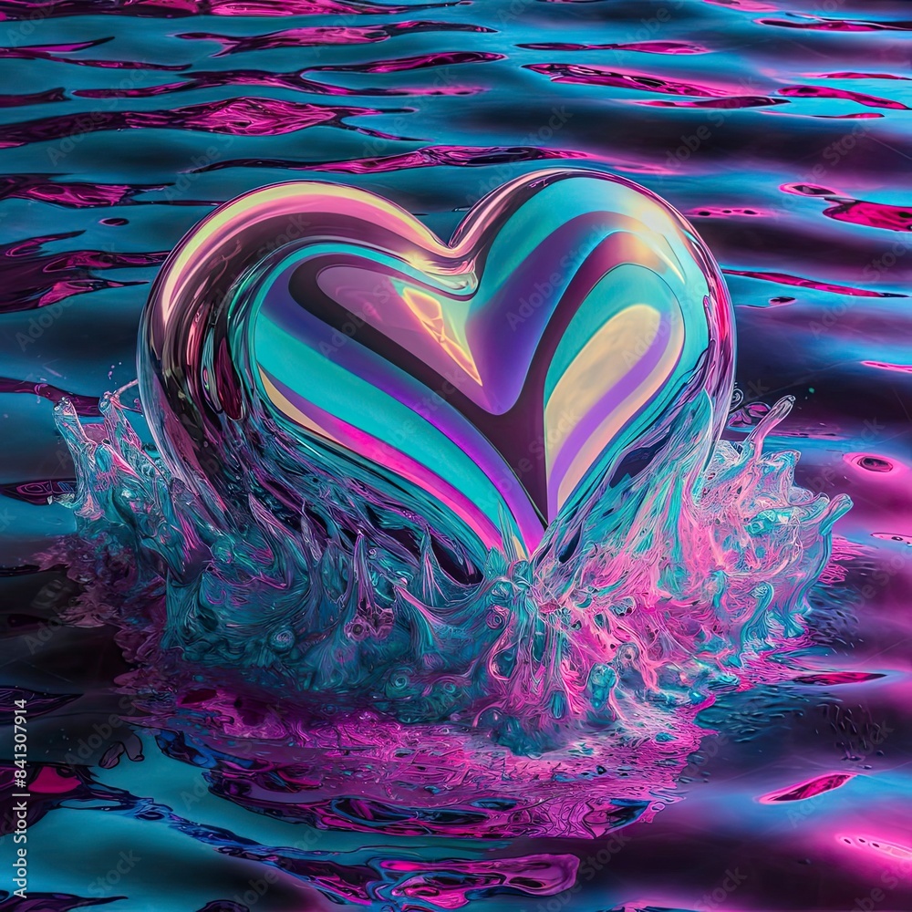 Iridescent holographic Heart reflection in liquid glowing retro 90s ...